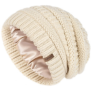FURTALK Winter Beanie for Women Satin Lined Warm Knit Skull Slouch Beanie Hat (Beige-Satin Lining, One Size)