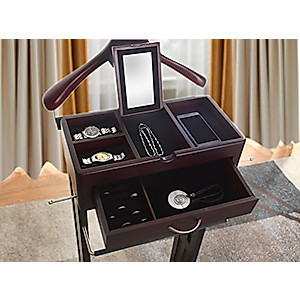 Proman Products Norstar Suit Valet Stand VL36245 with Detachable Hanger, Trouser Bar, Tie Bars, Mirror Tray & Drawer, 20”W x 15” D x 49”H, Mahogany