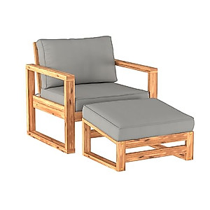 Walker Edison Sorrento Modern Acacia Wood Outdoor Side Chair and Ottoman Set with Cushions, 32 Inch, Brown