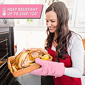 Heat Resistant Thick Cotton Oven Mitts Set, Soft Quilted Lining, Strong Grip Potholders for Hot Pans and Oven, Kitchen Mitt Pair Protect Hands, Cooking Baking BBQ Gloves, 11 Inch, Pink