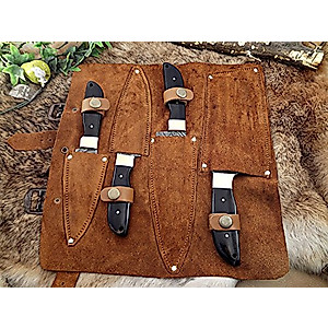 4 Pieces Chef Knives Set, Slicer, Chef, Cleaver Overall 37 inches Full Tang Hand Forged Damascus Steel Blade, Custom Made Leather Sheath