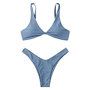 Verdusa Women's Twist Front High Cut Thong Two Piece Bikini Set Swimsuit Slate Blue S