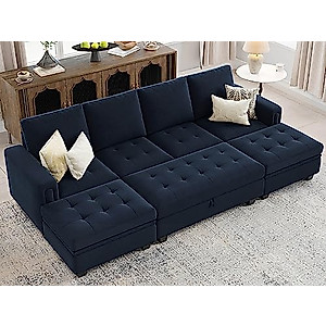 Belffin Velvet Convertible 4-Seat Sectional Sleeper Sofa with Reversible Chaise Sleeper Sectional Couch Bed with Storage Ottoman Sectional Sofa Couch Set Blue