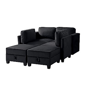 Goohome 116'' Modular Sectional, U-Shaped Velvet Convertible, Minimalist Modern 6 Seater Sleeper Couch with Chaise Ottomans, Sofa Sets, for Living Room, Bedroom, B-Black