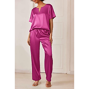 Ekouaer Satin Pajama Set Womens Silk Short Sleeve V Neck Shirt with Long Pant Soft Loungewear Pjs Set Plum