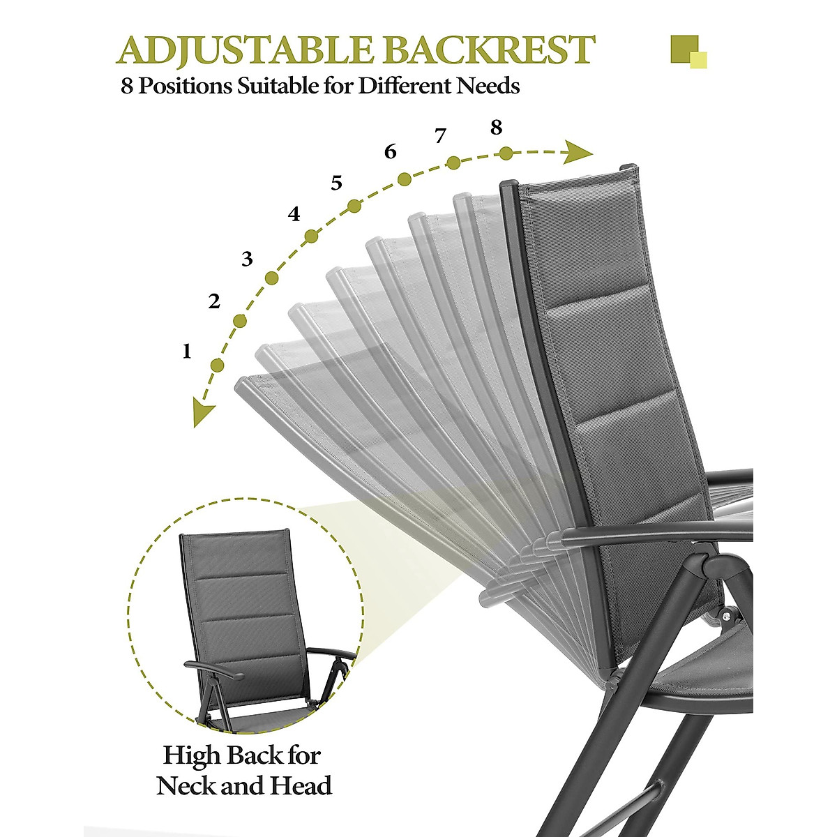 Crestlive Products Folding Patio Chairs Set of 4, Aluminium Outdoor Folding Chairs with Soft Cotton-Padded Seat,Adjustable High Backrest for Camping, Garden, Backyard