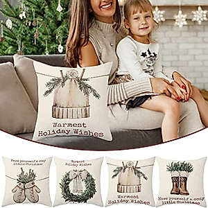 Scceatti Christmas Pillow Covers Set of 4 18x18 in Liene Winter Cushion Cover with Zipper Print Bohemian Toss Xmas Fashion Pillow Cases Protector for Couch Sofa Bed Living Room Decorations Gifts