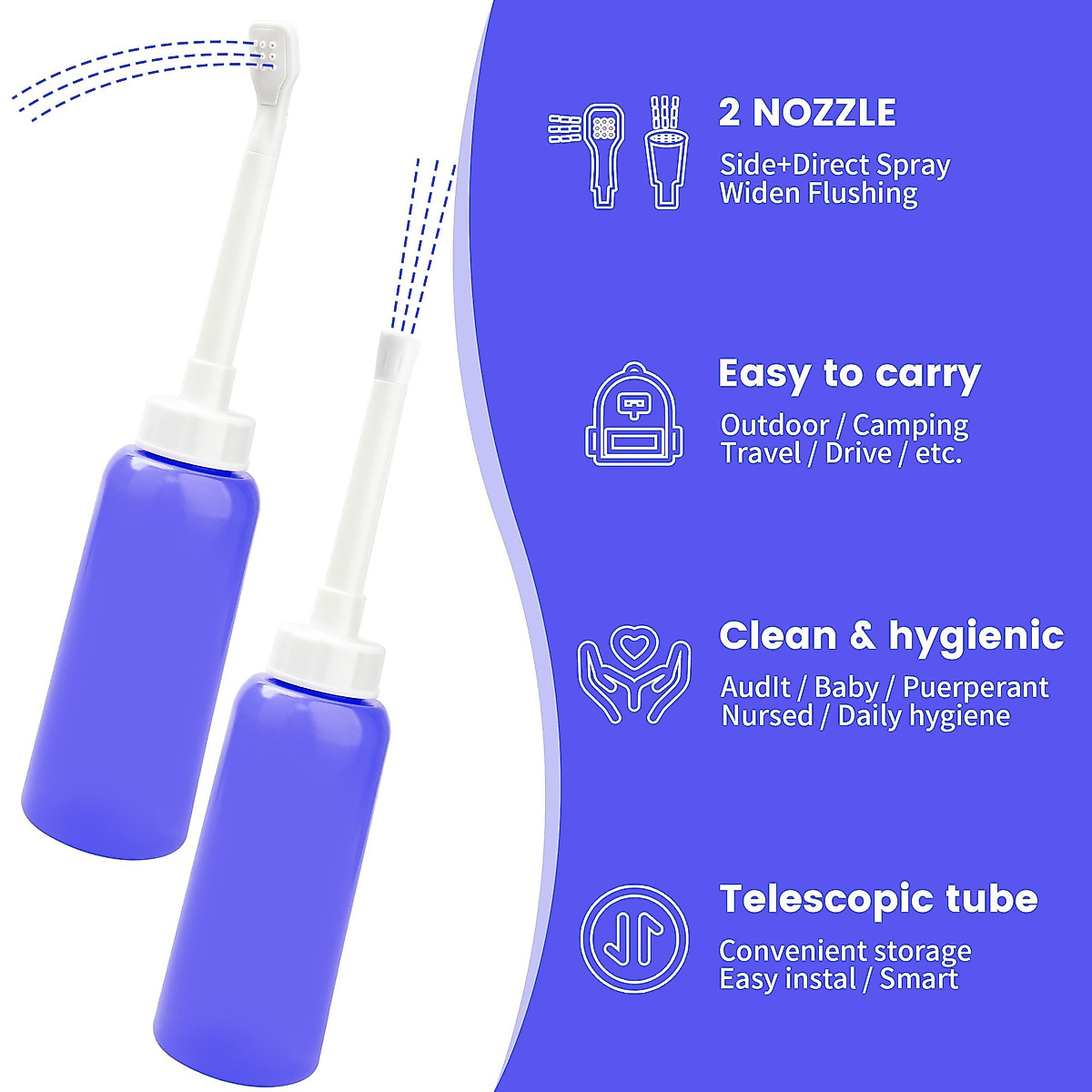 Portable Bidet 17oz Large Capacity Personal Travel Bidet Toilet 500ml Handheld Bidet for Traveling, Personal Hygiene, Postpartum, Perineal Care, 2PCS(Blue)