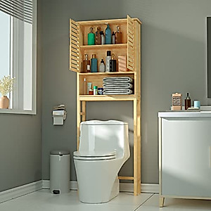 VEIKOUS Bamboo Over The Toilet Storage Cabinet, Bathroom Space Saver, Over The Toilet Rack with Adjustable Shelf, Natural Color