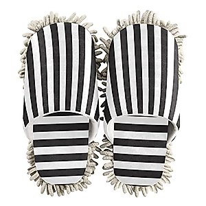 Kigai Microfiber Cleaning Slippers Black and White Stripes Washable Mop Shoes Slipper for Men/Women House Floor Dust Cleaner, Size M