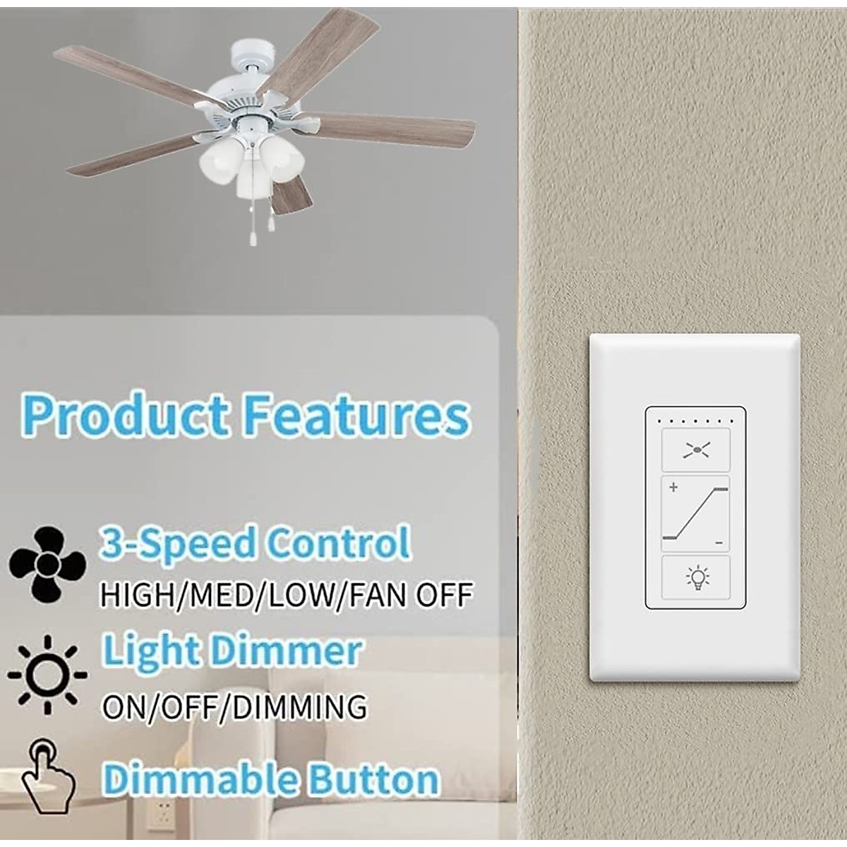 Nexete Ceiling Fan Control & Dimmer Wall Switch, 2 in 1 Light and Ceilig Fan Combination Light Switch,Single Pole,No Wi-Fi Capability, Neutral Wire Needed.