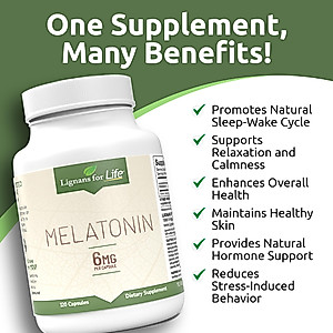 Lignans for Life Melatonin for Dogs & People, 6mg - 120 Capsules - Capsules - Pet Treats - Vitamins for Overall Health