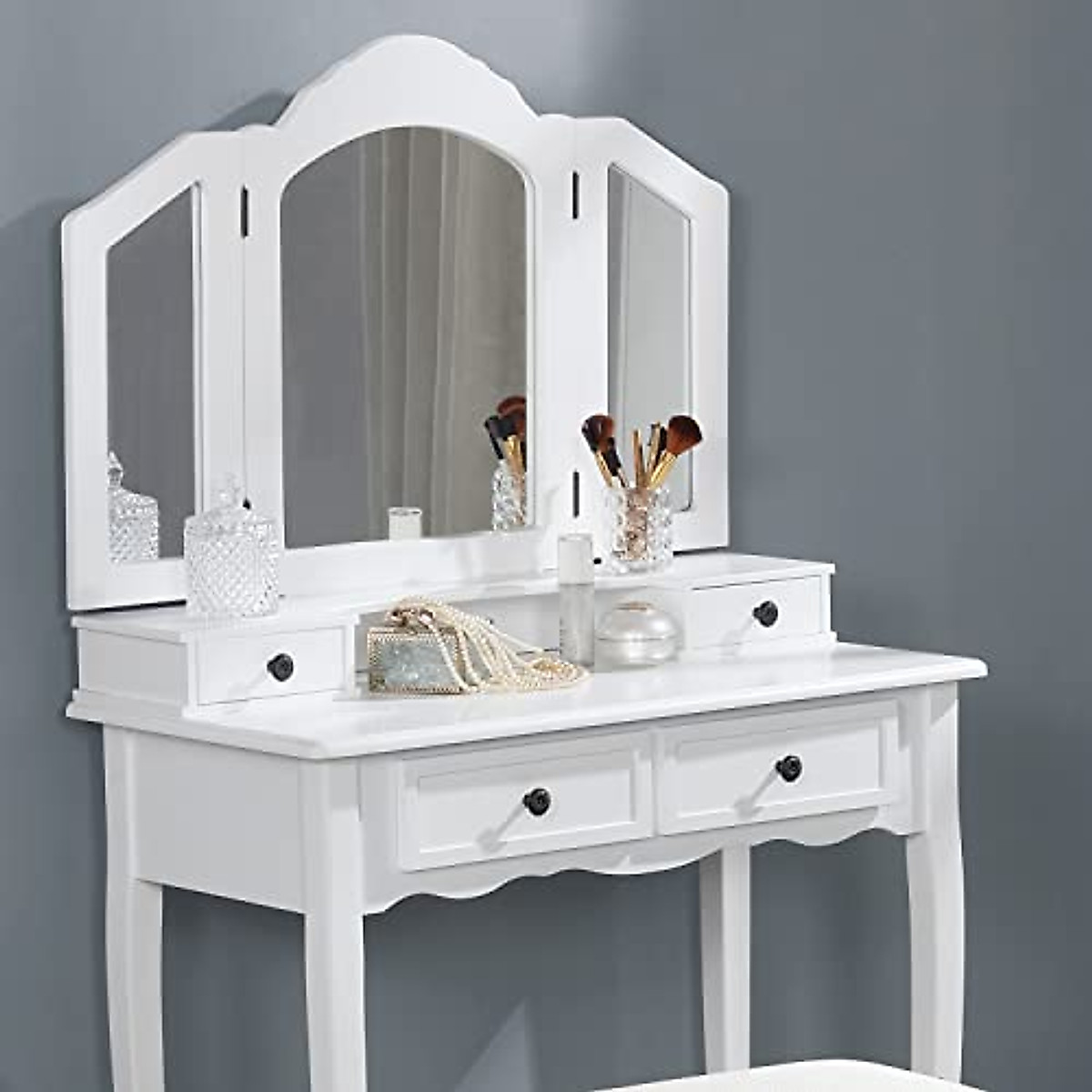 Roundhill Furniture Sanlo Wooden Vanity | Make Up Table and Stool Set | White