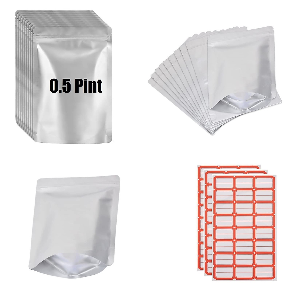 JUZONSA 0.5 Pint Kitchen Storage Bags Fresh Saver Mylar Bags with Labels, Stand Up Mylar Bag Resealable and Heat Sealable for Long Term Food Storage,Thick 4.75 Mil, 5"x7" (50Pack-0.5Pint)