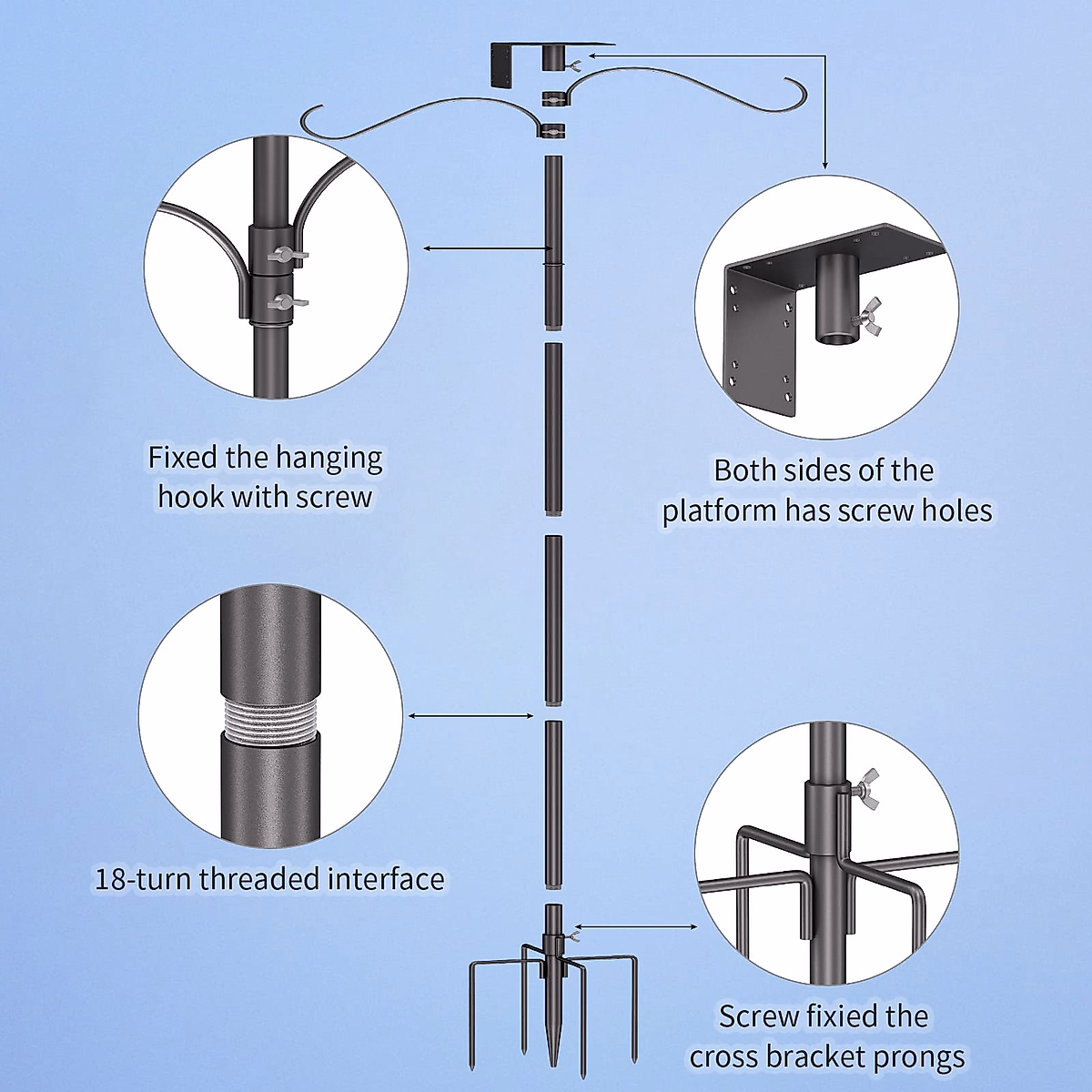 Mosloly Bird House Pole Kit 80inch - Universal Metal Bird Feeders Pole Mount Set with 5-Prongs Base and 2 Hanging Arms, Bird Feeding Station for Bird Watching, Plant Hanger