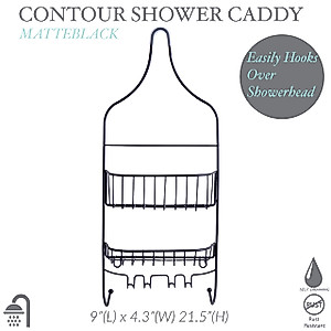 Bath Bliss Contour Shower Caddy | Dimensions: 9"x 4.3"x 21.5" | Hangs Over The Showerhead | Suction Cup Backing | All In One Caddy | Holds Shampoo | Conditioner | Lotion | Soap | Matte Black