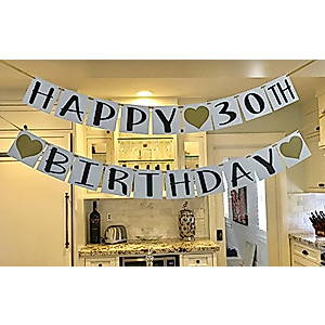 Happy 30th Birthday Banner - Gold Hearts and Ribbon - Birthday Decorations