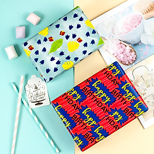 WRAPAHOLIC Birthday Wrapping Paper Roll - Dinosaur and Irregular Pattern Design Perfect for Celebration, Party, Baby Boy Present Packing - 4 Rolls - 30 inch X 120 inch Per Roll