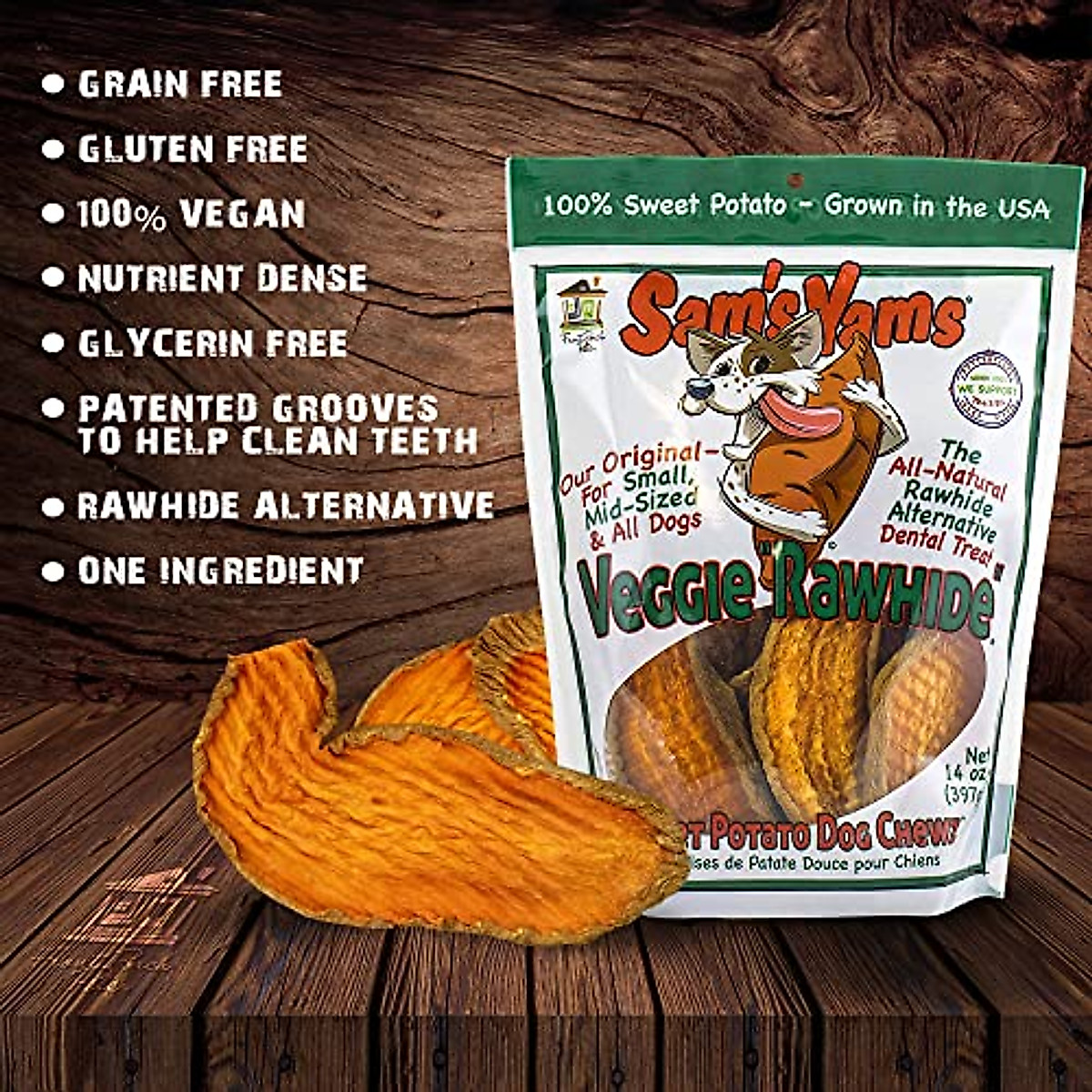 Sam's Yams Sweet Potato Dog Treats, Healthy Dog Treats for Small, Medium, and Large Breed Dogs - Made in USA, High Fiber, Vegan Dental Chews - Veggie Rawhide, Sweet Potato Dog Chewz, 14oz(Pack of 3)