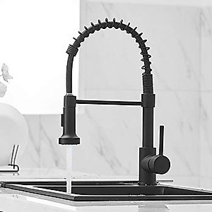 OWOFAN Modern Single Handle Spring Kitchen Faucet with Pull Down Spray, Matte Black Kitchen Sink Faucet 866080R
