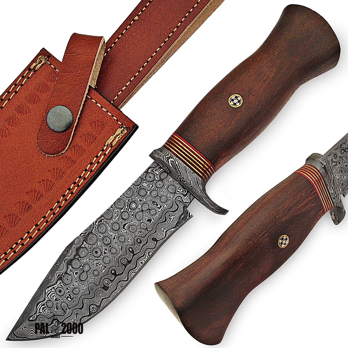 HK-9892 Handmade Damascus Steel Hunting 10.4 Inch Knife Solid Rose Wood Handle with Sheath