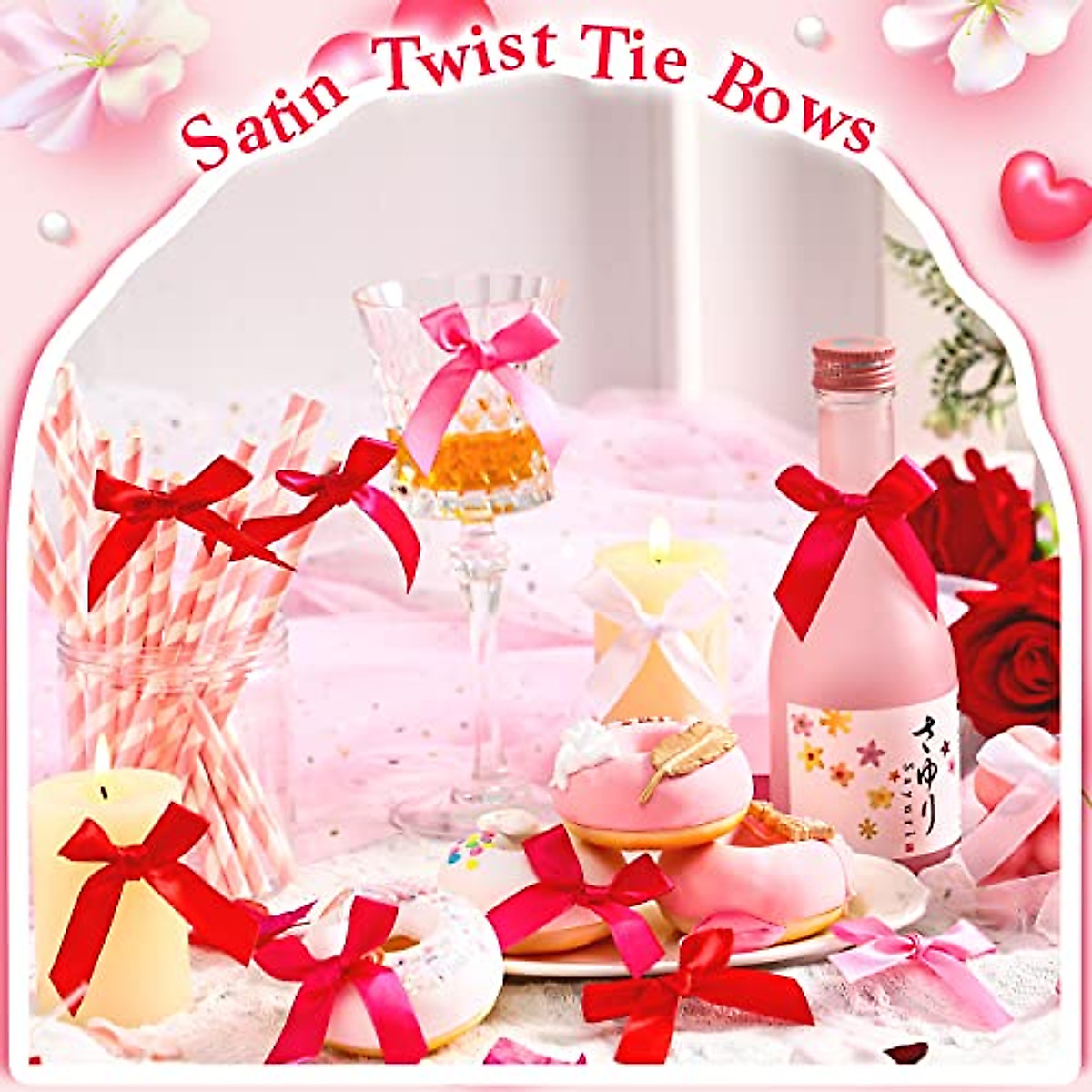 120 Pcs Easter Twist Bow Satin Twist Tie Bows Fabric Bows for Crafts Polyester Craft Bows Decorating Ribbon Bows Gift Wrap Bows for Candy Bags Decoration (Rose Red, Pink, Red, White)