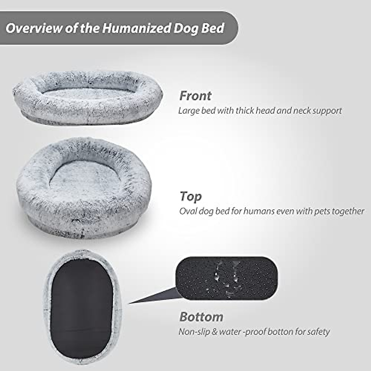 Homguava Large Human Dog Bed 75.5"x55"x12" Human-Sized Big Dog Bed for Adults&Pets Giant Beanbag Bed with Washable Fur Cover,Blanket and Strap, Grey Plush
