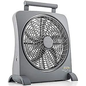 Treva 10 inch Rechargeable Portable Fan Smart Power Air Circulator. Plug-In AC Adapter and Battery Powered, USB Charging Port, For Camping Travel and Indoors Use