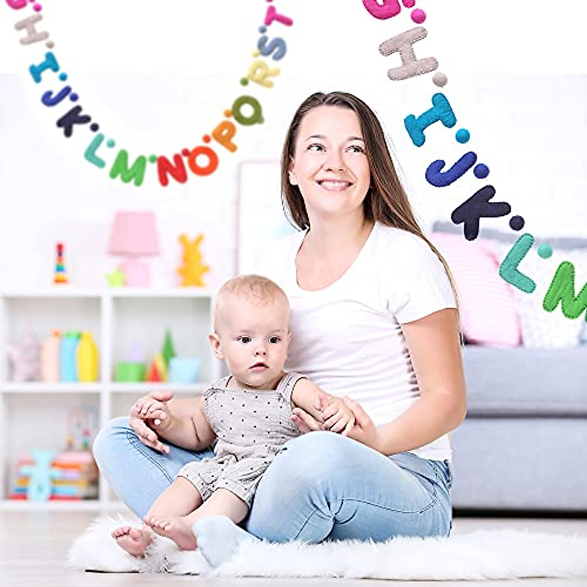 Glaciart One Alphabet Garland - Natural Handmade Wool ABC Letters & Balls - Decorative Wall Decor for Classroom, Playroom, Nursery, Baby, Toddler's Room - Ready-to-Hang Art - 7Ft, Rainbow-Colored