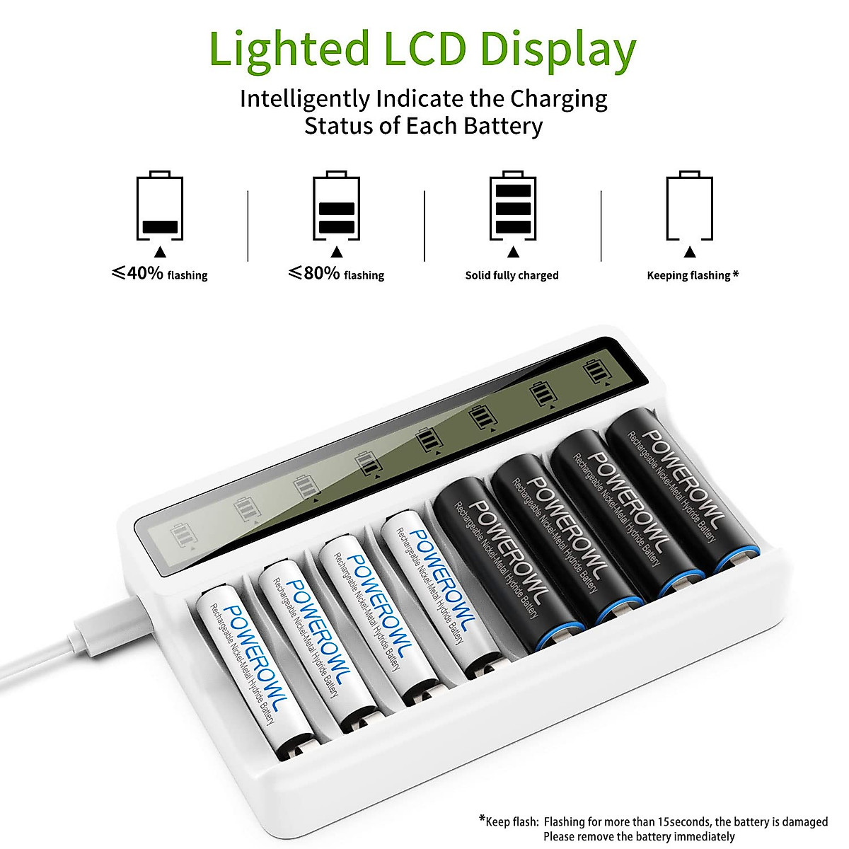 POWEROWL 8 Bay AA AAA Battery Charger with LCD Display (USB Quick Charging, Independent Slot) for Ni-MH Ni-CD Rechargeable Batteries
