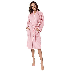SIORO Terry Cloth Robes for Women Cotton Kimono Bathrobe Towel Soft Fuzzy Absorbent Long Sleeve Calf Length Robe Plush Warm Shower Housecoat，Light Pink Small