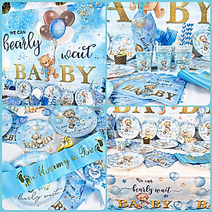 We Can Bearly Wait Baby Shower Decorations,Teddy Bear Baby Shower Decorations for Boy with Backdrop and Plates, Napkins and Cups,Mommy To Be Sash