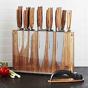 Schmidt Brothers - Zebra Wood, 15-Piece Kitchen Knife Set, High-Carbon Stainless Steel Cutlery with Zebra Wood and Acrylic Magnetic Knife Block and Knife Sharpener