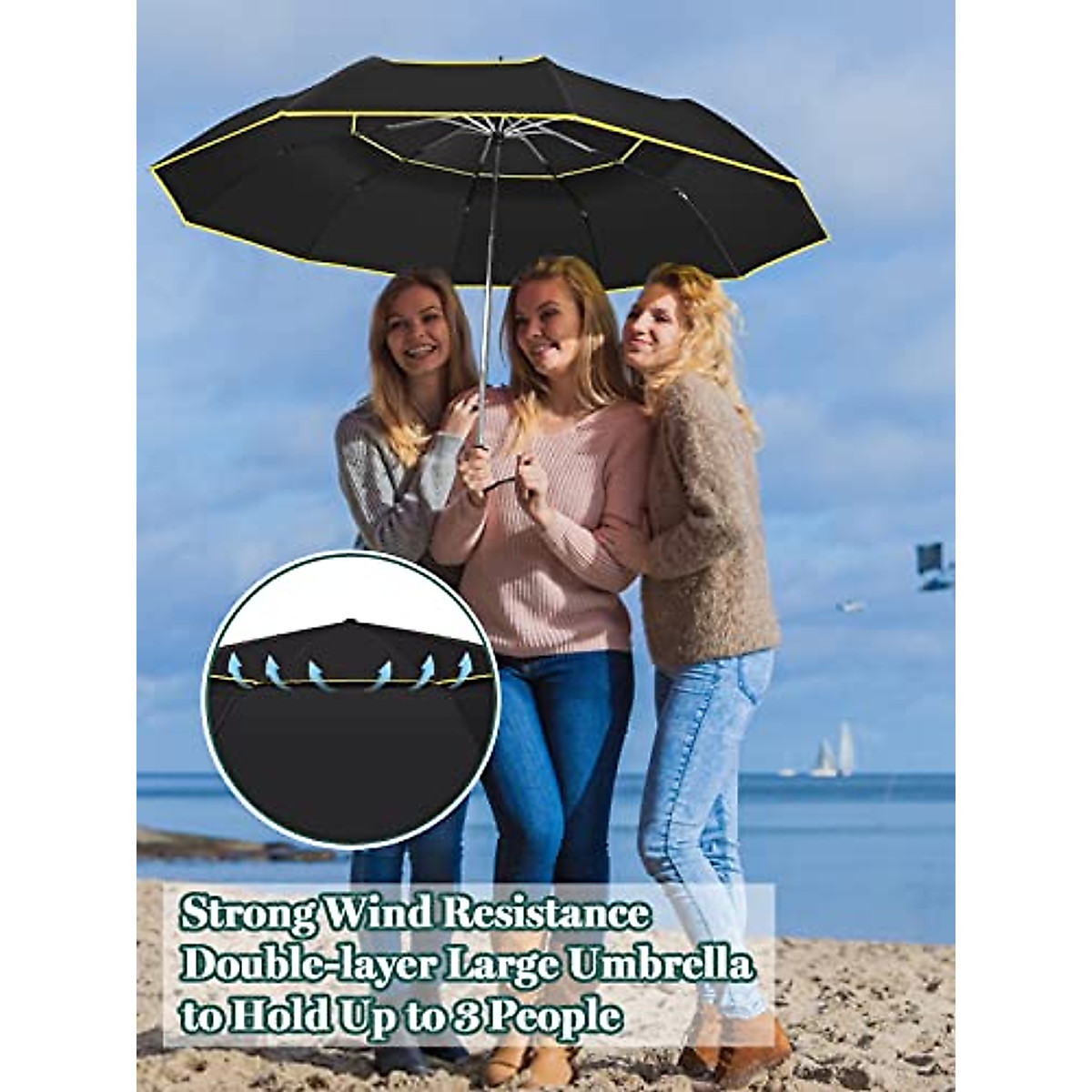 Kalolary Extra Large Golf Umbrella Automatic Open Folding Umbrella Windproof Compact Large Double Canopy Umbrella Travel Folding Umbrella Strong Oversized Rain Umbrellas for Home Family Use (Black)