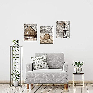 SiMiWOW Windmill Wall Decor Country Farmhouse Wall Art Barn Corn Field Windmill Painting Framed Canvas Prints Ready to Hang