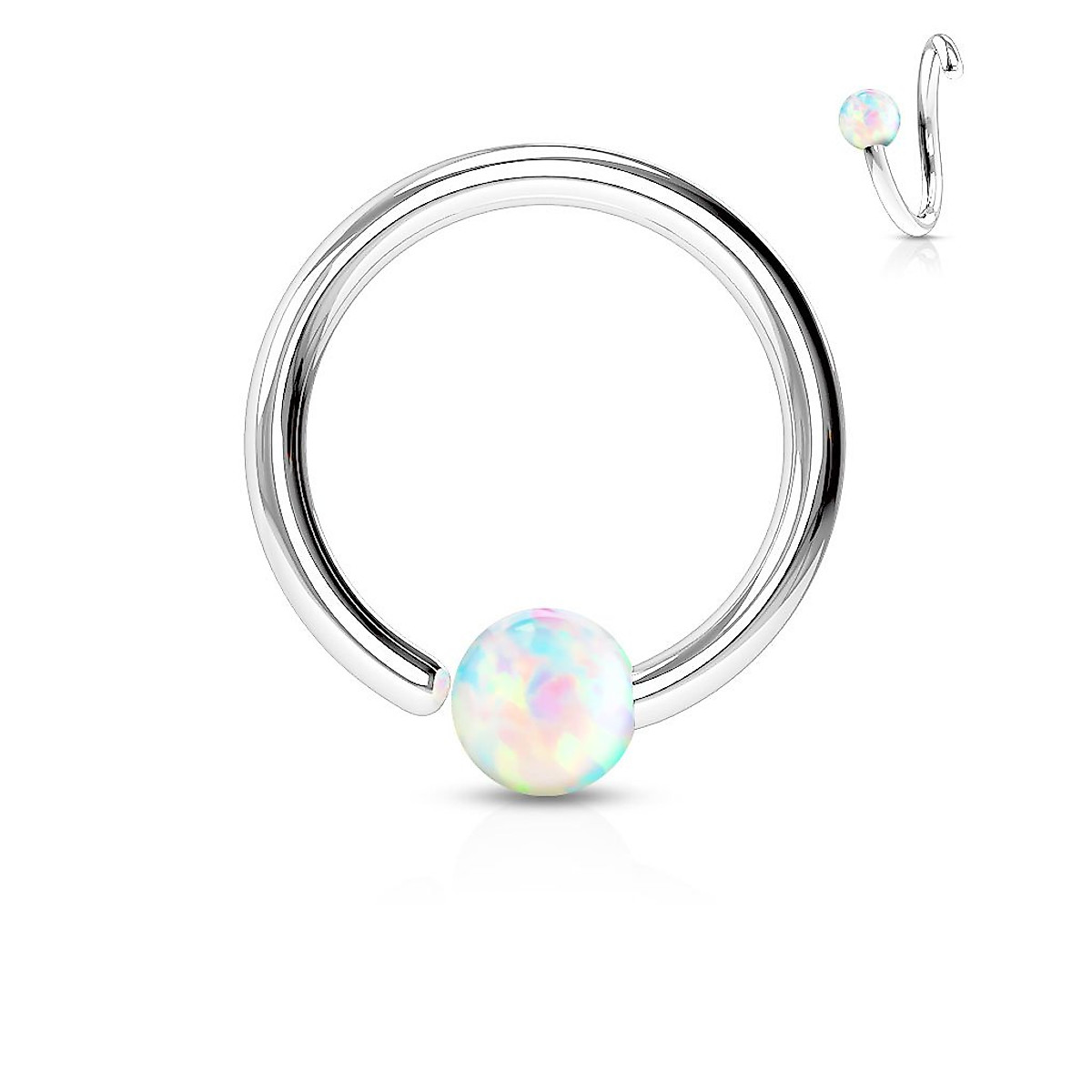 Amelia Fashion 16GA Never Lose a Ball Again! One Side Fixed Opal Ball Ring Annealed 316L Surgical Steel (Choose Color) (Opal White)