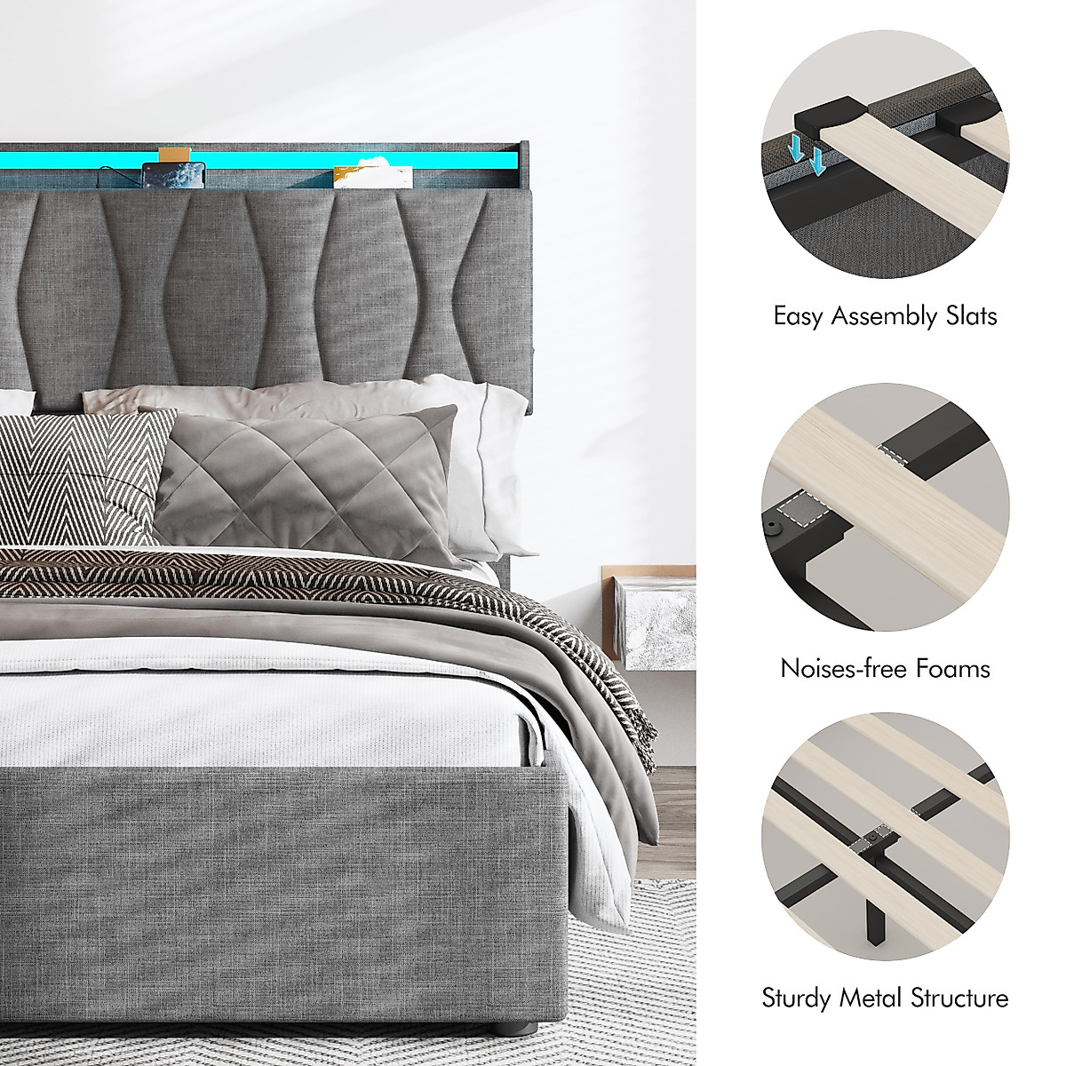 Queen Size Lift Up Storage Bed Frame, Height Adjustable Storage Headboard with Charging Station, LED Lights Upholstered Platform Bed, Wooden Slat Support, No Box Spring Needed, Noise-Free, Dark Grey