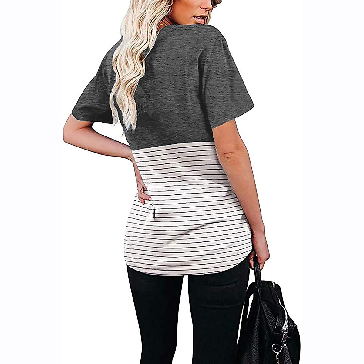 Bravetoshop Women Basic Tees Shirts Short Sleeve V Neck Classic Striped T Shirts Casual Summer Plus Size Blouse (Gray,XXL)