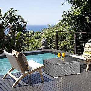 Betterland Patio Furniture Rattan Square Outdoor Coffee Tables, All-Weather Wicker Coffee Table with Tempered Glass Top for Living Room, Backyard, Balcony, Poolside, Garden (Grey Wicker)