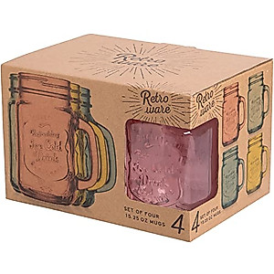 Glaver's Mason Jar Drinking Glasses Set Of 4, 15 oz. Colored Mugs With Embossed Ice-Cold Drinkware Logo, Glass Mason Jar Mug With Handle. For Smoothies, Cocktails, Beverages.