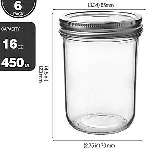KAMOTA Wide Mouth Mason Jars 16 oz, 16oz Mason Jars Canning Jars Jelly Jars With Wide Mouth Lids and Bands, Ideal for Jam, Honey, Wedding Favors, Shower Favors, Baby Foods, 6 PACK