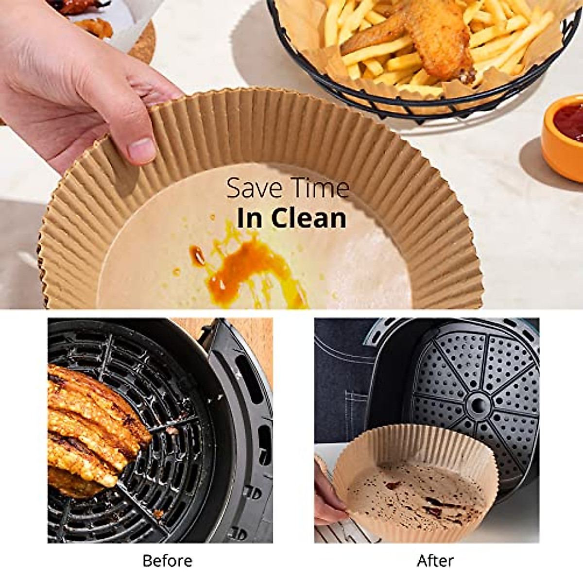 TEMOLA 50PCS Air Fryer Disposable Paper Liner, Non-Stick Air Fryer Paper Liners Round Food Grade Baking Paper, Grease Water Proof Parchment Paper for Air Fryer Cooking Roasting Microwave Frying Pan