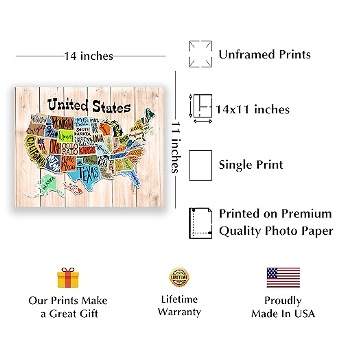 United States of America Map - American State Wall Decor print, This Rustic USA Travel Wall Poster Print Is An Ideal Wall Art For Home, Office, Garage, Cave, and Shop Decor, Unframed - 11x14"