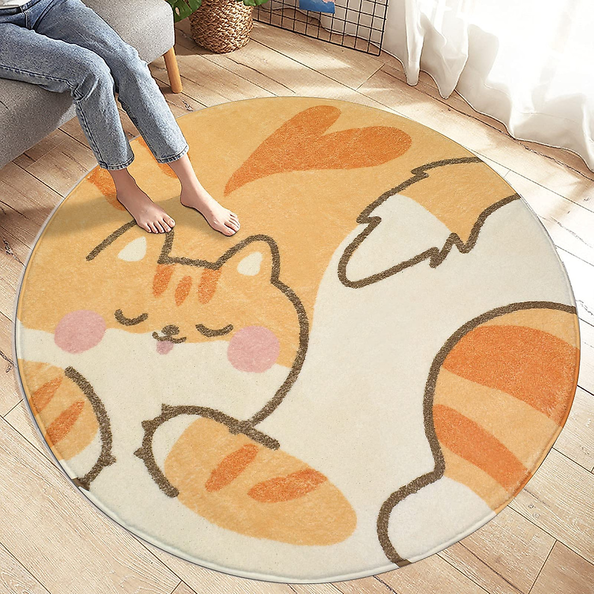 TEALP Kids Play Rug 4ft,Round Area Rug Kids Nursery Door Mat Soft Plush Childrens Carpet for Bedroom Living Room Kids Playroom,Orange Cat