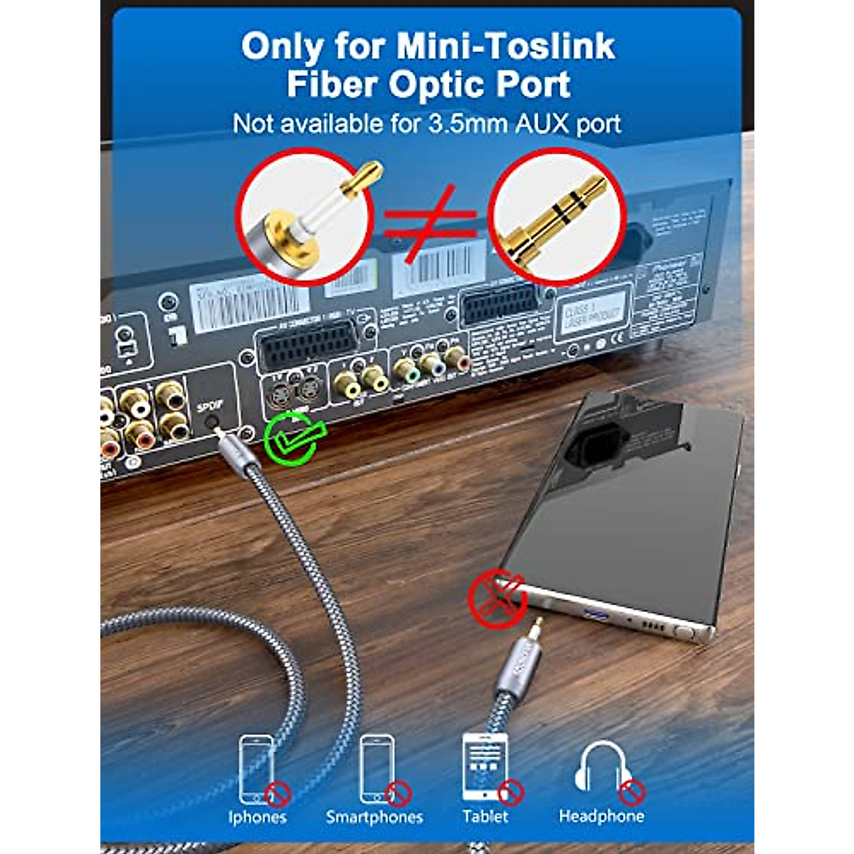 SOUNDFAM Toslink to Mini Toslink Cable Optical Audio Cable Gold-Plated Plug Digital Optical S/PDIF Audio Cable for HDTV,Home Teather,Soundbar-Grey（3.3Feet/1M）