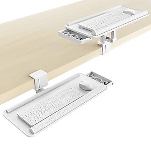 Tilt&Height Adjustable Keyboard Tray Under Desk&Above Desk - Klearlook 2 in 1 PU Leather Sit Stand Keyboard Riser w/360° Rotation, 25x11"Clamp-on Keyboard Stand Desk Extender w/Wrist Rest&Drawer-White