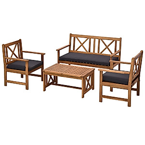 Outsunny 4 Piece Acacia Wood Outdoor Patio Furniture Set with 2 Armchairs, 1 Sofa, & 1 Coffee Table, Cushions Included
