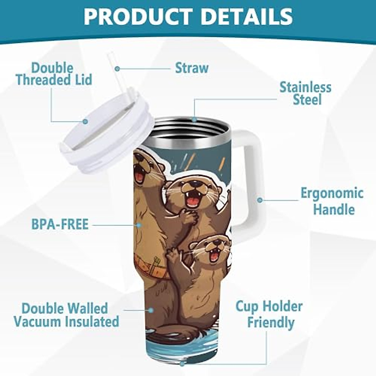 Exnundod 40 oz Tumbler with Handle Cheerful Sea Otters Insulated Stainless Steel Cup with Lid and Straw Travel Cup Leak-proof Fits in Car Cup Holder for Iced & Hot