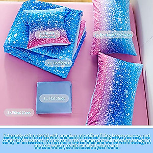 RYNGHIPY 6Pcs Sparkle Gradient Glitter Comforter Sets, Ombre Indigo Pink Gradient Bedding Set for Boys Girls, Rainbow Bed in A Bag Twin Size