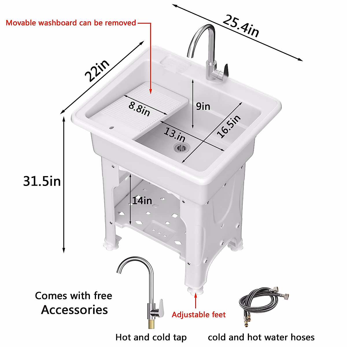 Freestanding Plastic Laundry Sink with Washboard, W25.4" x D22" x H31.5" Indoor and Outdoor Utility Sink with Cold and Hot Water Faucet, Hoses and Drain Kit for Laundry Room, Garage, Basement, Garden